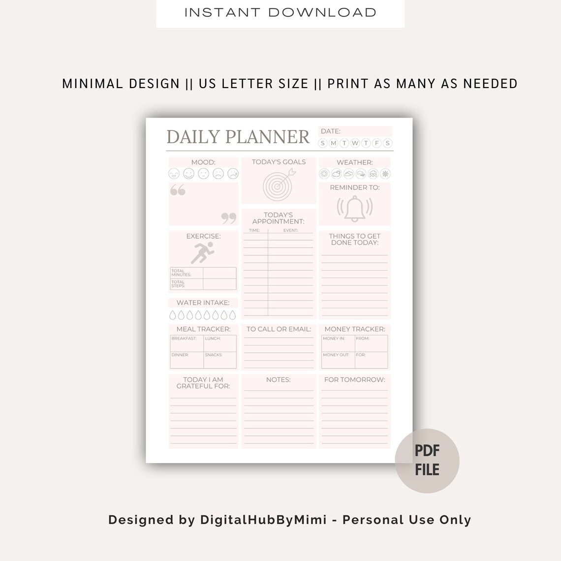 Printable Daily Planner Day Planner Printable PDF US Letter 8.5 X 11 ...