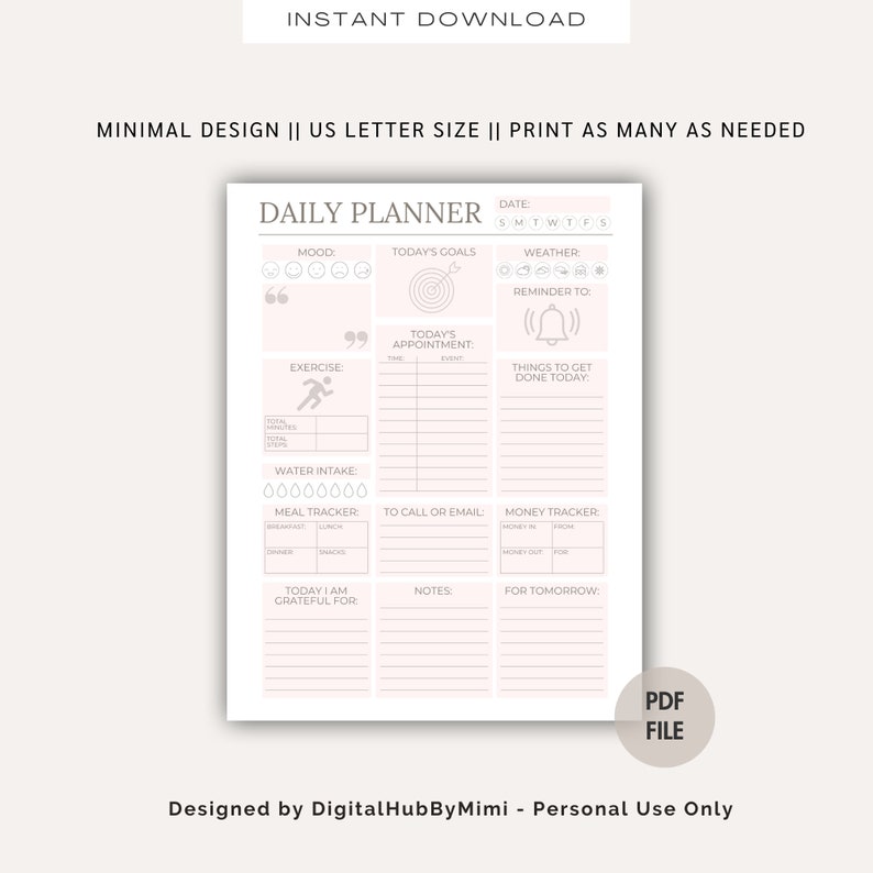 Printable Daily Planner Day Planner Printable PDF US - Etsy