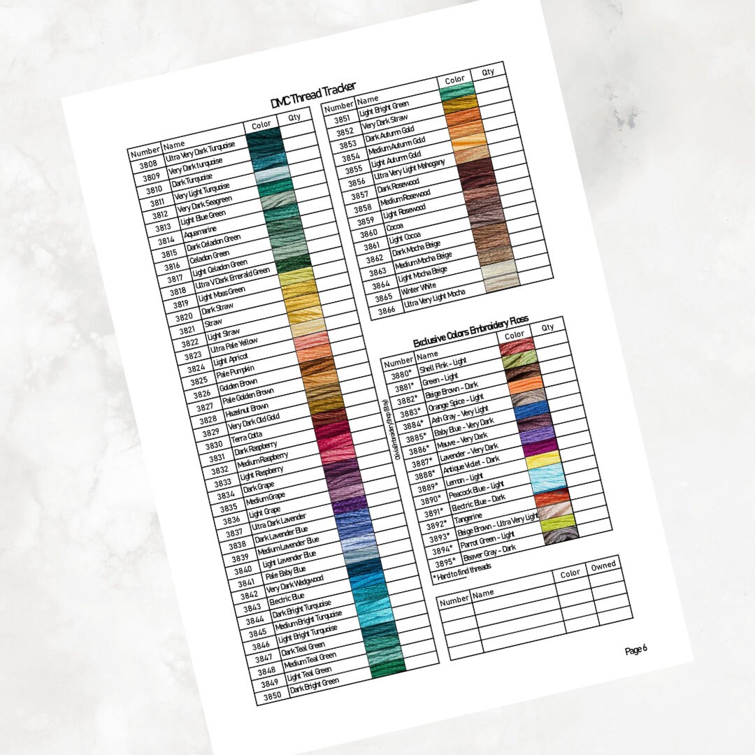 DMC Embroidery Floss Color Tracker - All-in-one PDF Set Dmc Thread ...