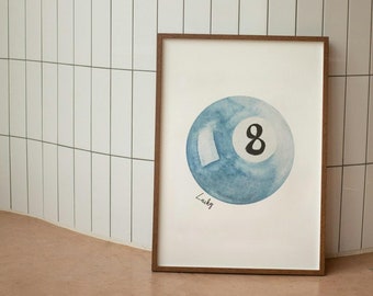 Lucky 8 Ball Wall Art, Vintage Pool Ball Print, Sky Blue Pool Ball ...