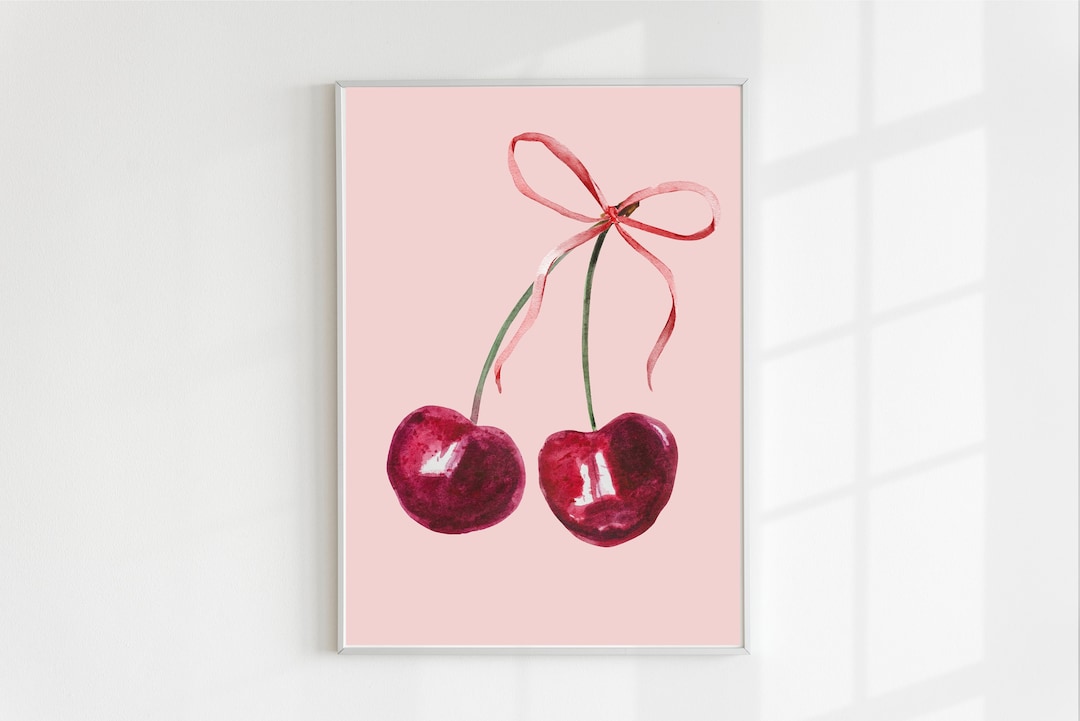 Cherry Wall Art Print, Printable Feminine Poster, Pink Bow Soft Girl ...