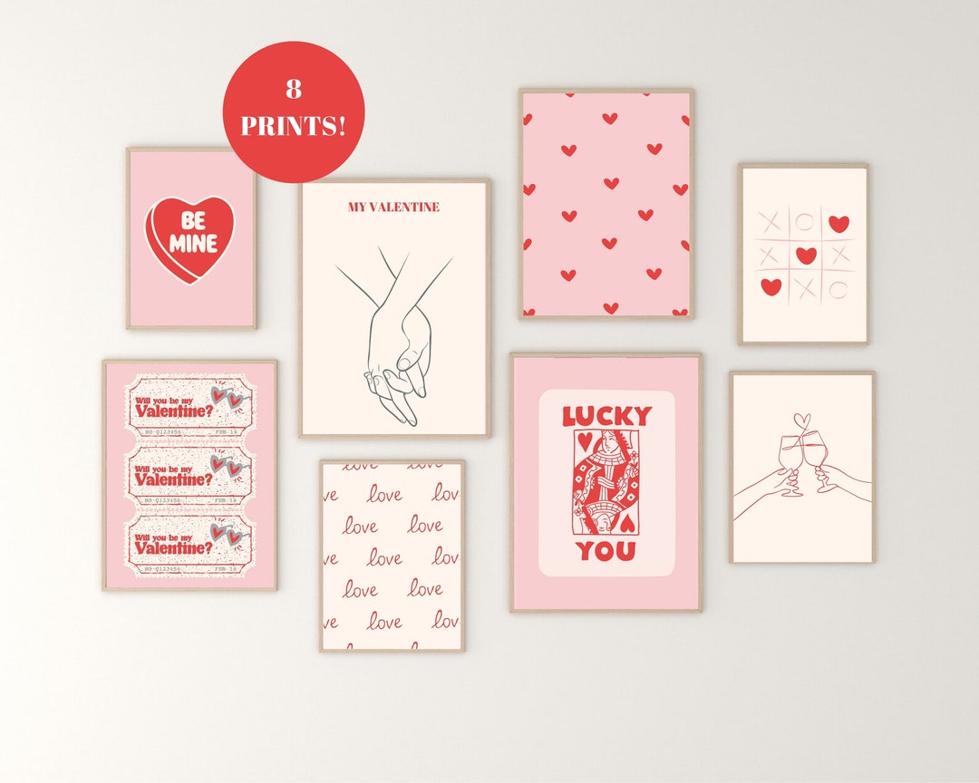 Valentines Day Decor Set of 8 Printables, Valentine Party Decor, Retro ...