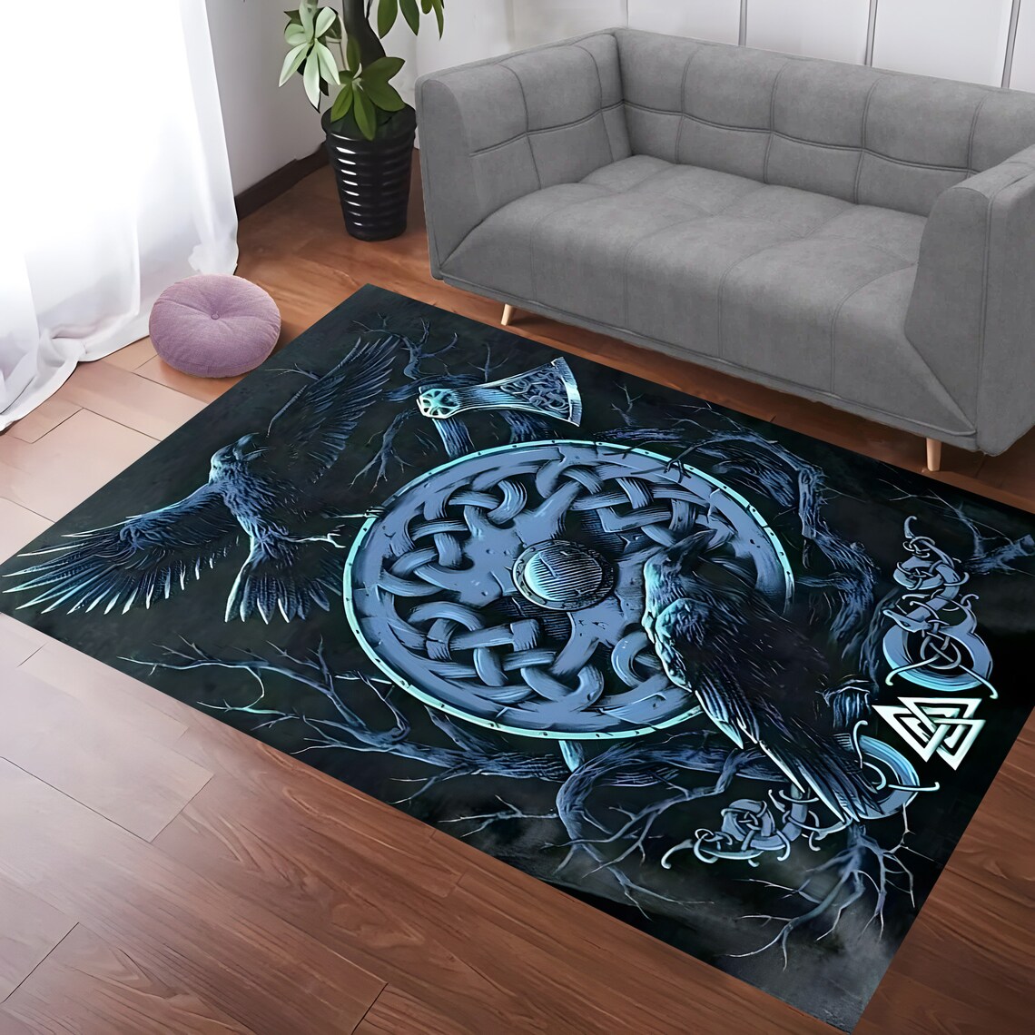 Viking Decor Rug, Valknut Norse Rug,pagan Art Rug, Norse Folk Art Rug ...