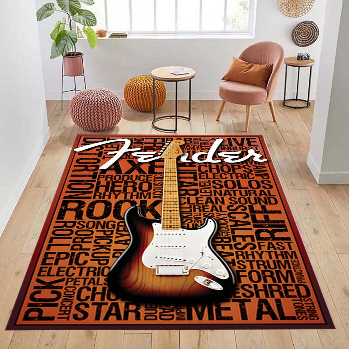 Music Rug, Guitar Themed Rug, Music Room Rug, Rock Music Rug, Brown Rug ...