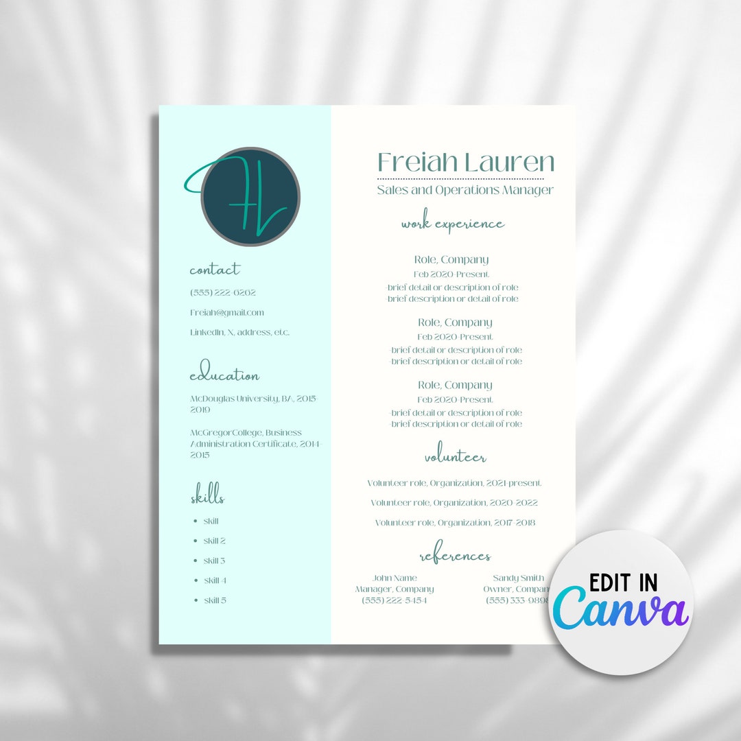 TEAL MONOGRAM RESUME Template | Use Canva to Make This Your Own! Land ...