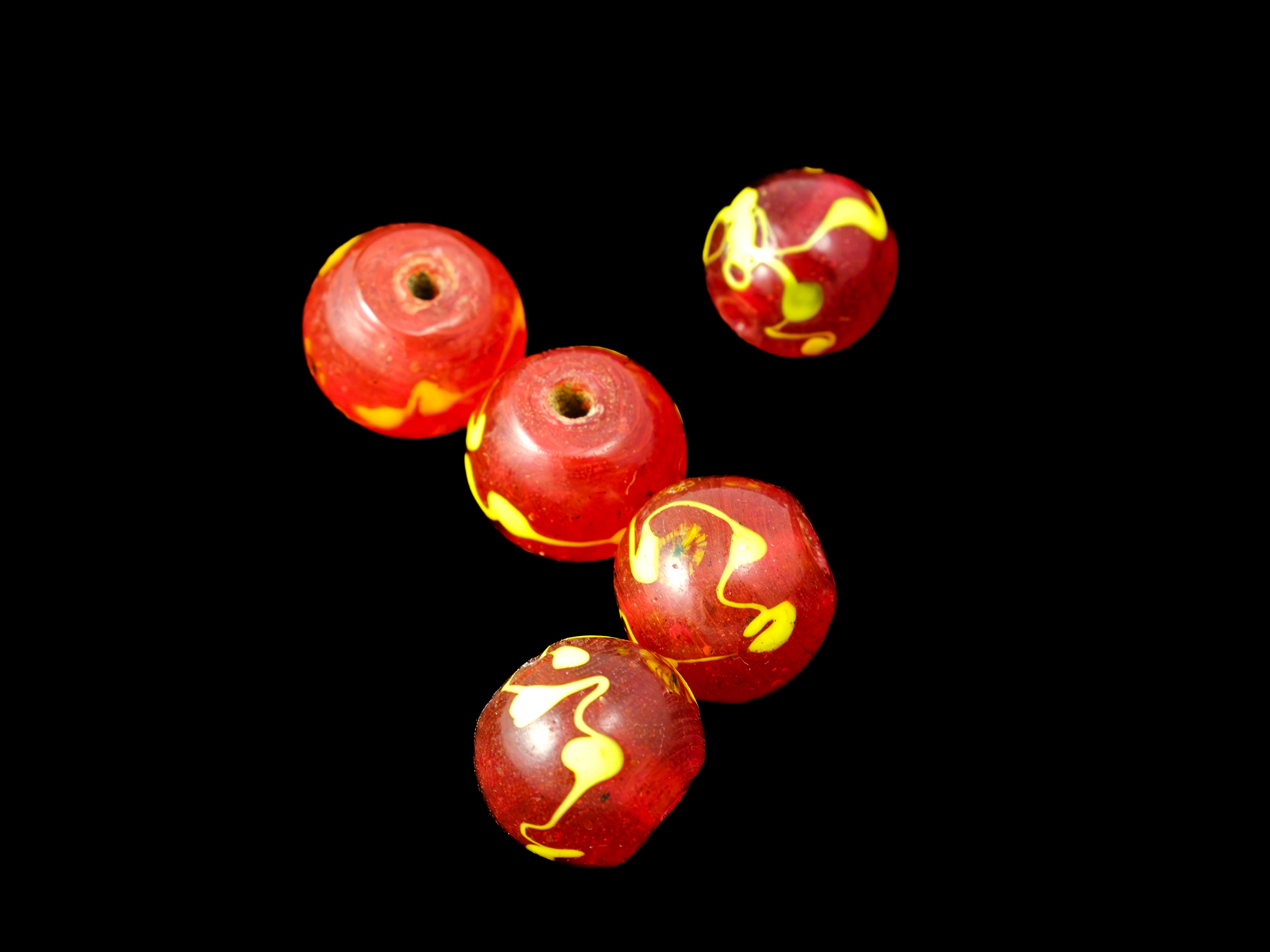 Vintage Chinese Red and Yellow Trail Decorated Glass Beads From Boshan ...