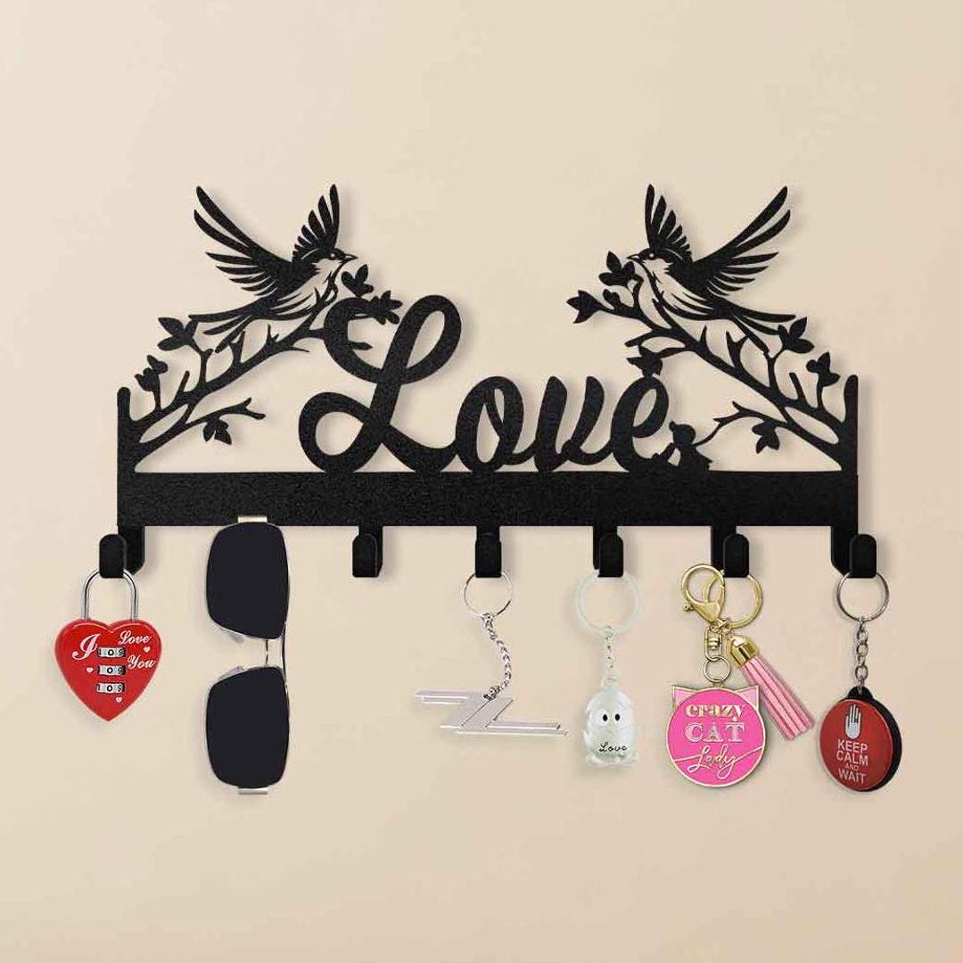 Love Cursive Wording Key Hook Rack - Birds Theme Key Holder Décor ...