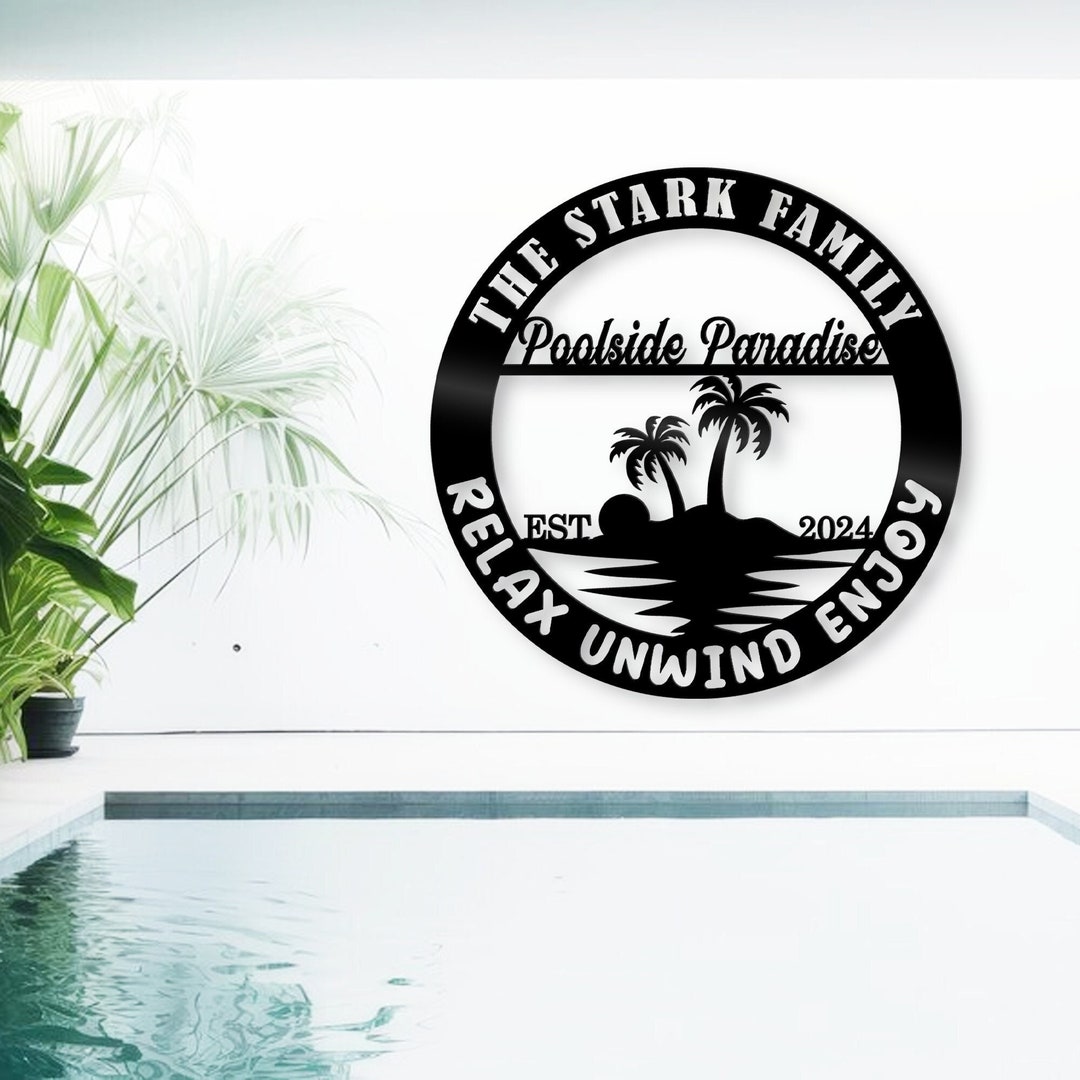 Personalized Family Poolside Metal Sign, Tropical Wall Decor, Beach ...