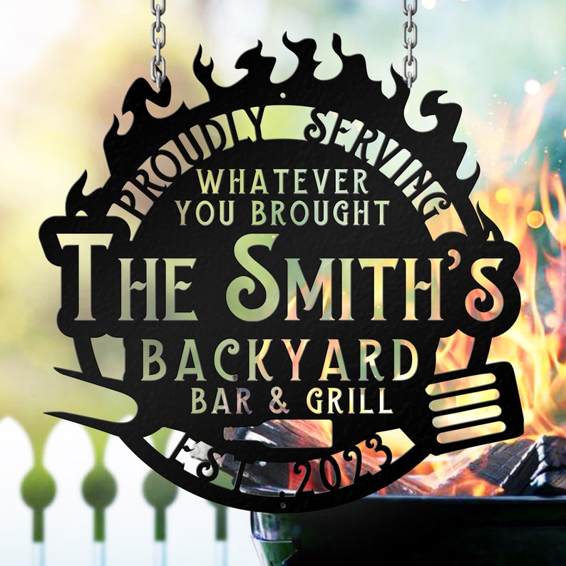 Personalized Flaming BBQ Sign, BBQ Smoker and Grill Sign, Backyard Bar ...