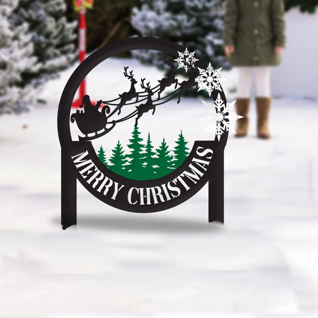 Merry Christmas Metal Yard Stake, Santa Sleigh & Reindeer Outdoor Decor ...