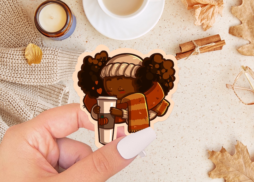 Super Cute Coffee Girl Sticker, Fall Black Girl Pumpkin Spice Coffee ...