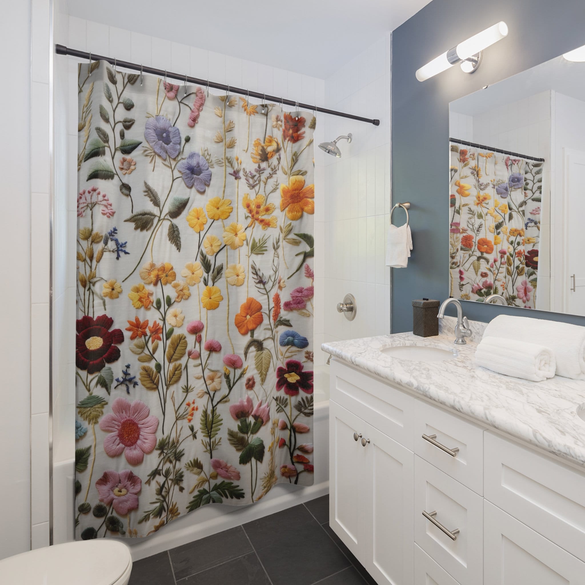 Embroidered Effect Floral Shower Curtain, Intricate Floral Design, Spa ...