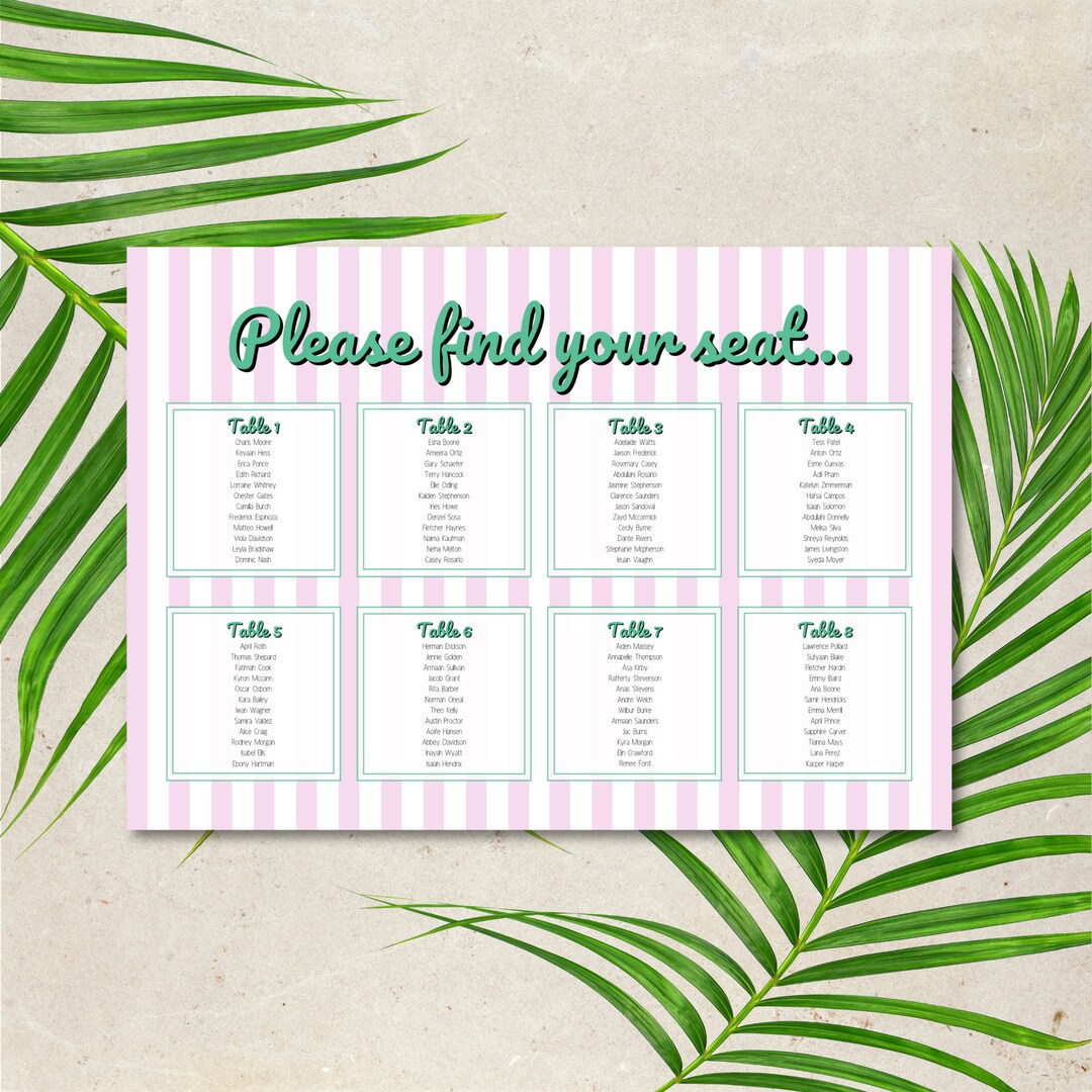 Striped Table Plan Template Pink and White Printable Event Seating Plan ...