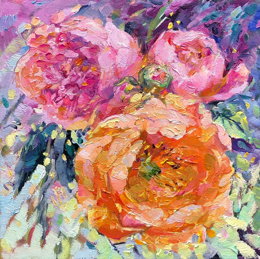 Peony Oil Painting Original Palette Knife Floral Art (6x6 In) - Etsy