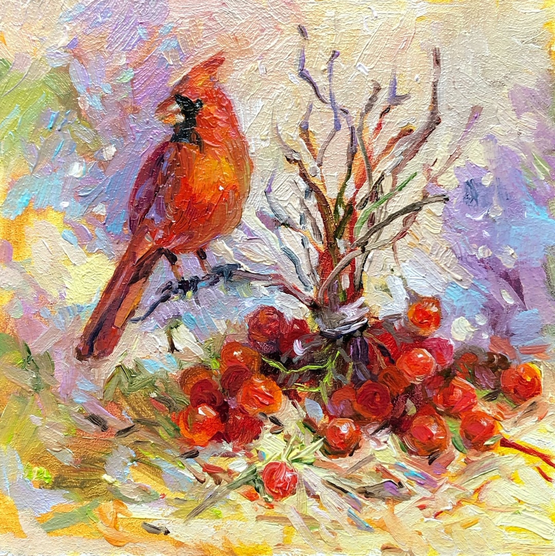 Cardinal Painting Original Bird Painting Oil Small Painting Cardinal ...