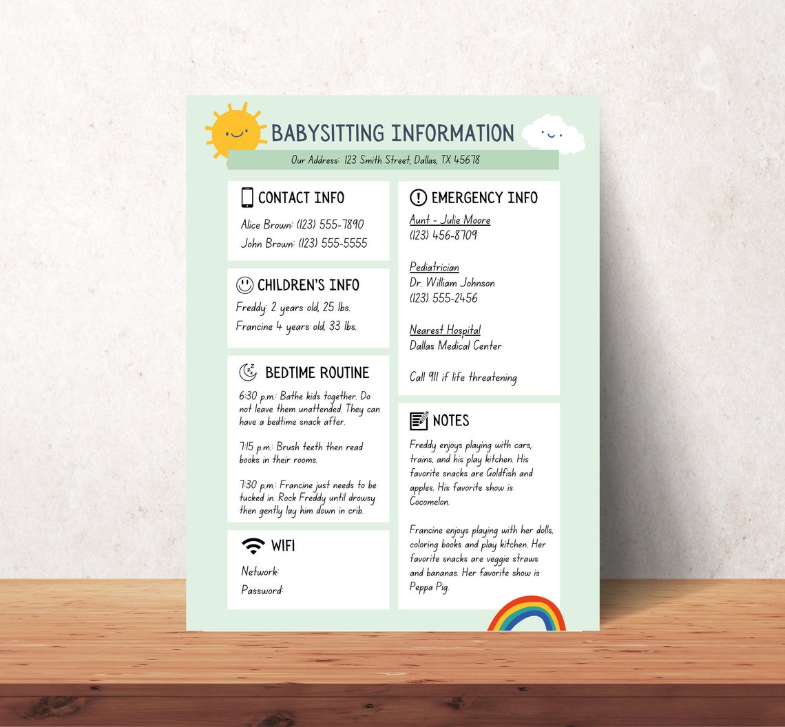 Babysitter Information Sheet Printable | Editable Childcare Notes ...