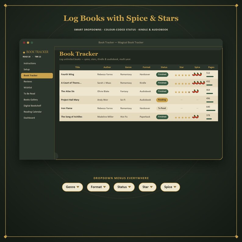 Romantasy Book Tracker Spreadsheet for Excel & Google Sheets | Dark ...