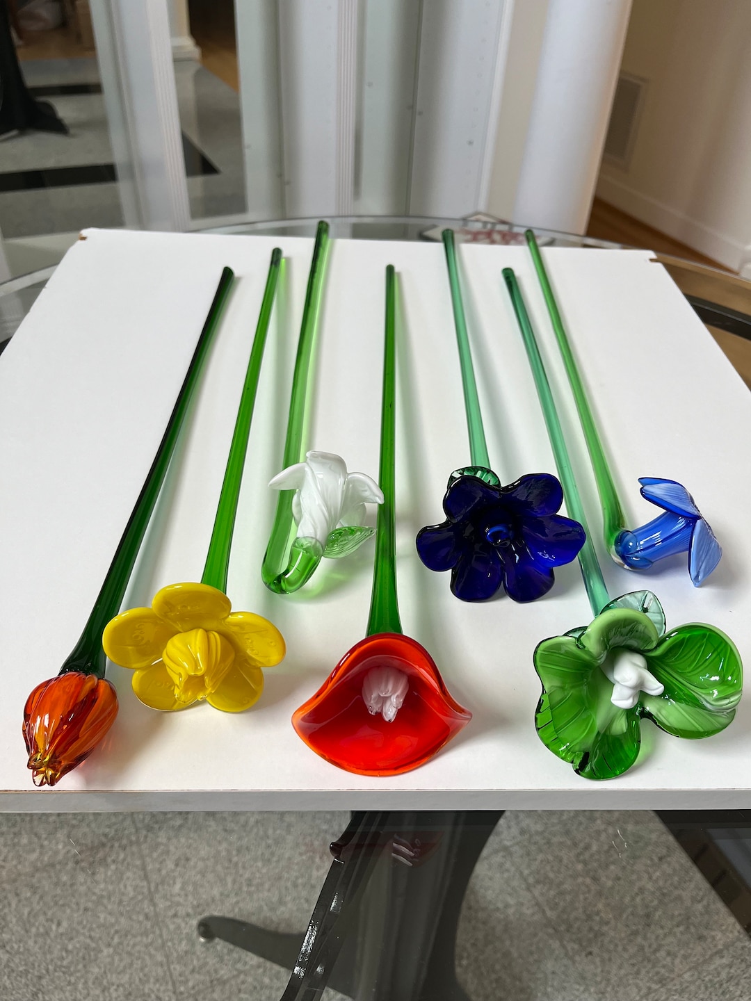 Murano Style Long Stem Glass Flowers, 19 Long. Multi Color Art Glass ...
