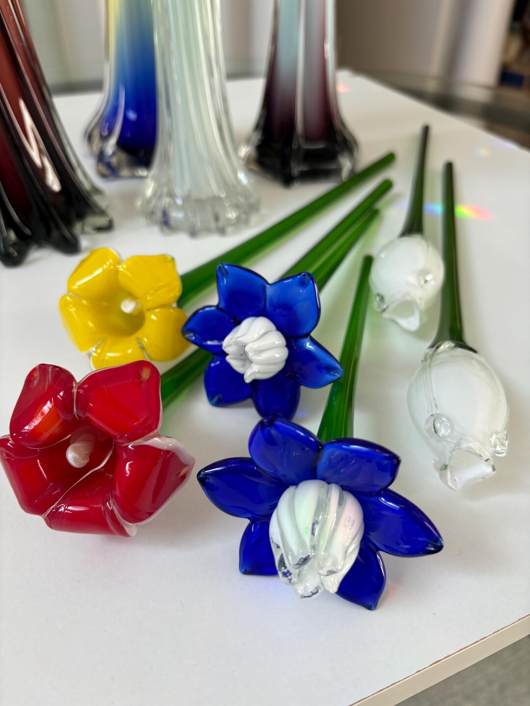 Long Stem Glass Flowers, Set of 6. Beautiful Jack in the Pulpit Vase ...