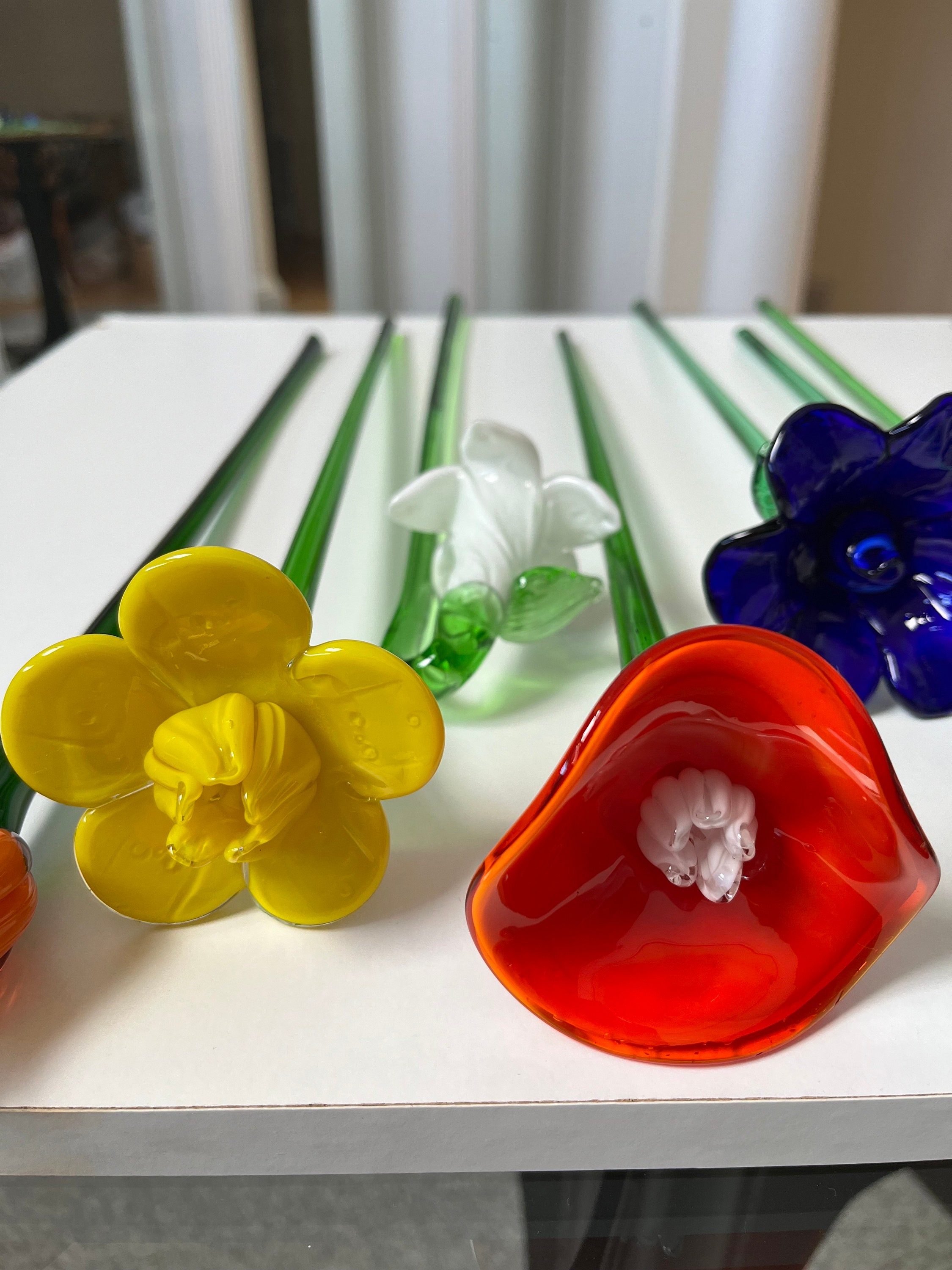 Murano Style Long Stem Glass Flowers, 19 Long. Multi Color Art Glass ...