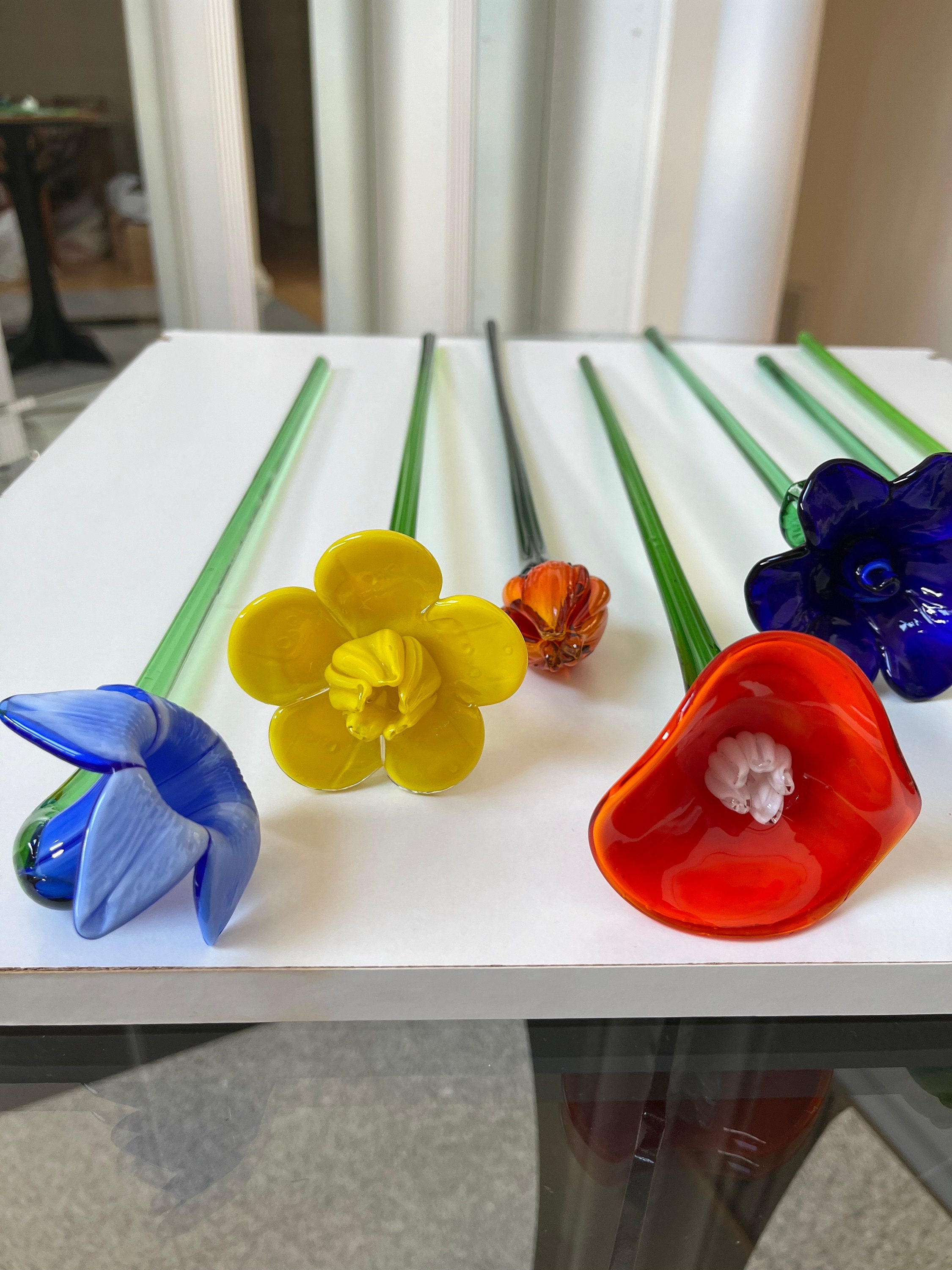 Murano Style Long Stem Glass Flowers, 19 Long. Multi Color Art Glass ...