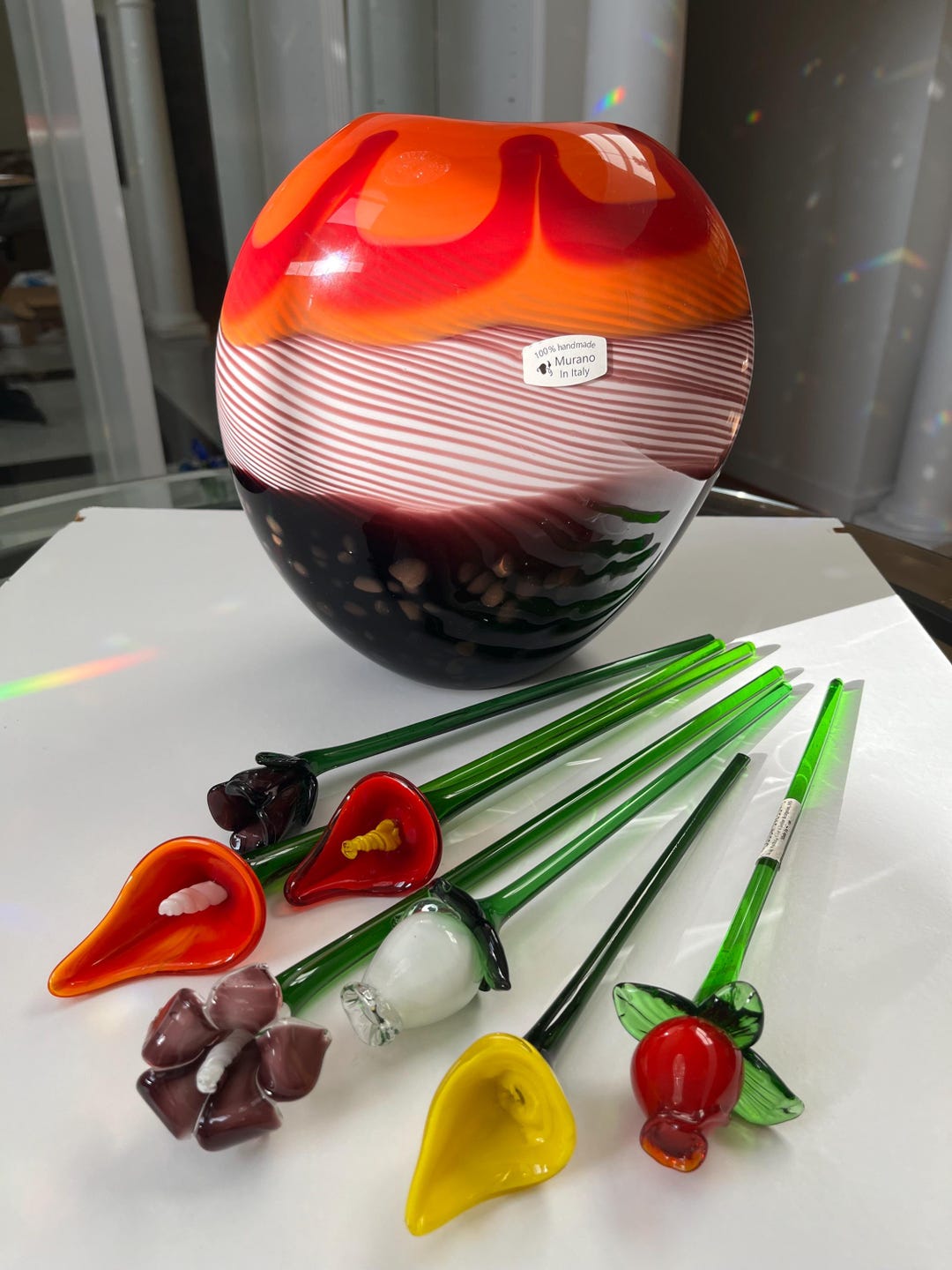 Long Stem Glass Flowers, Set of 7. Murano Art Glass Vase, Hand Blown ...