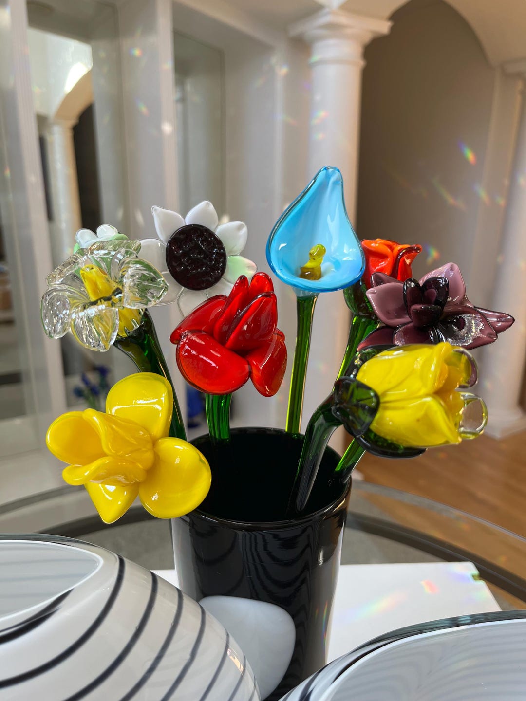 Long Stem Glass Flowers, Set of 9. Beautiful Black & White Pulled ...