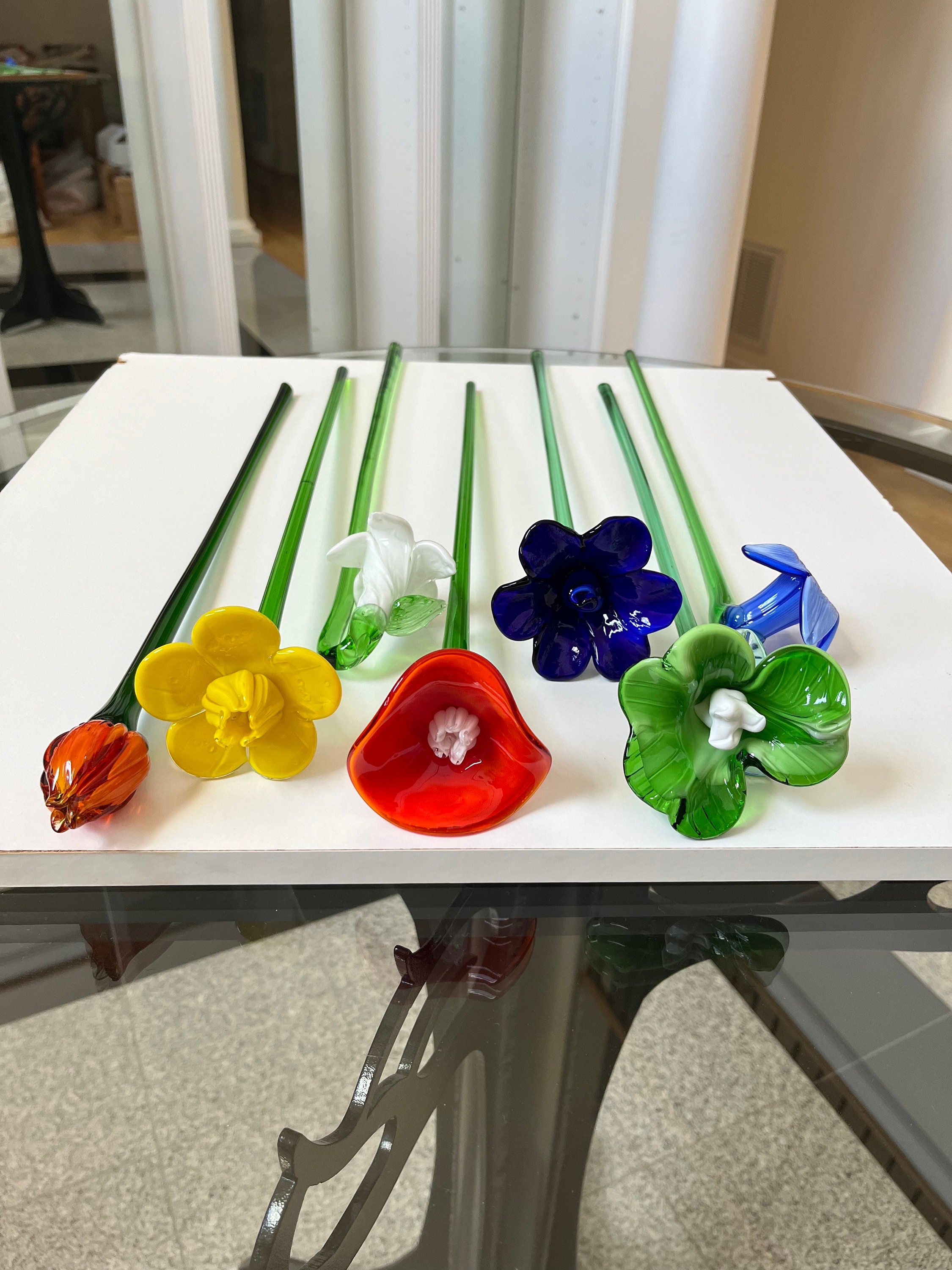 Murano Style Long Stem Glass Flowers, 19 Long. Multi Color Art Glass ...