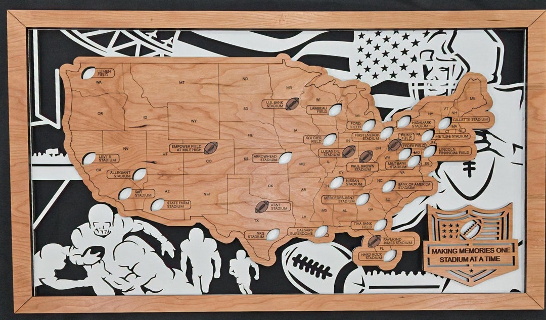 NFL Stadium Travel Map in Cherry Football Enthusiast Gift Wall Art for ...