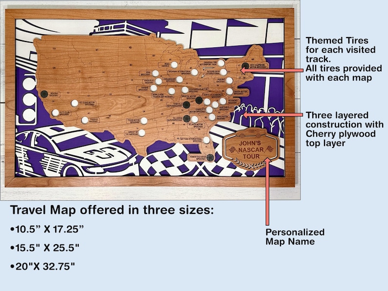 Custom NASCAR Track Travel Map – Handcrafted Wooden Racing Fan Display ...