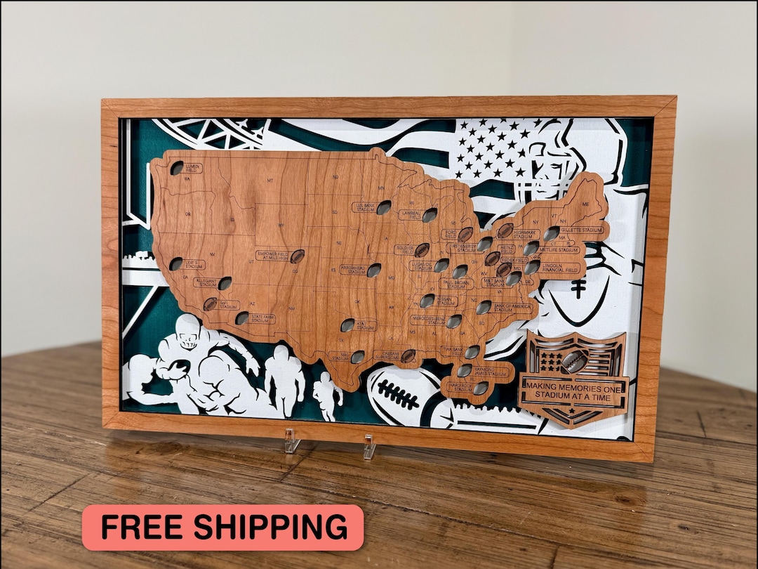NFL Stadium Travel Map in Cherry Football Enthusiast Gift Wall Art for ...