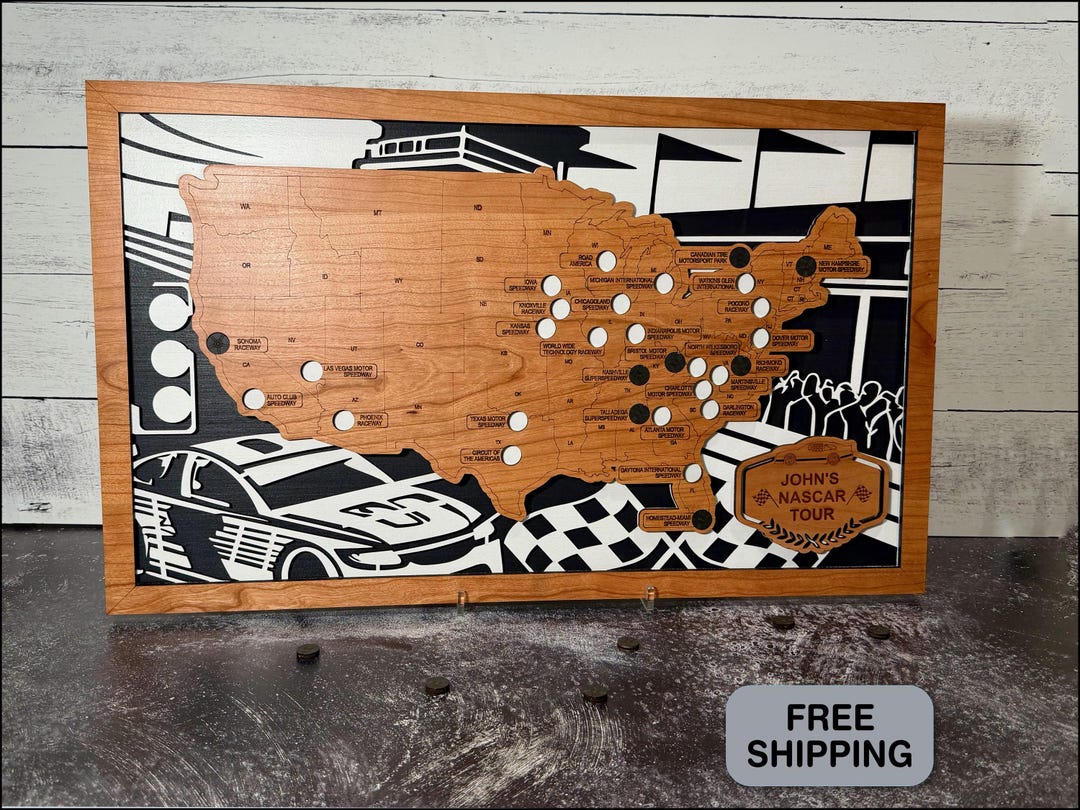 Custom NASCAR Track Travel Map – Handcrafted Wooden Racing Fan Display ...