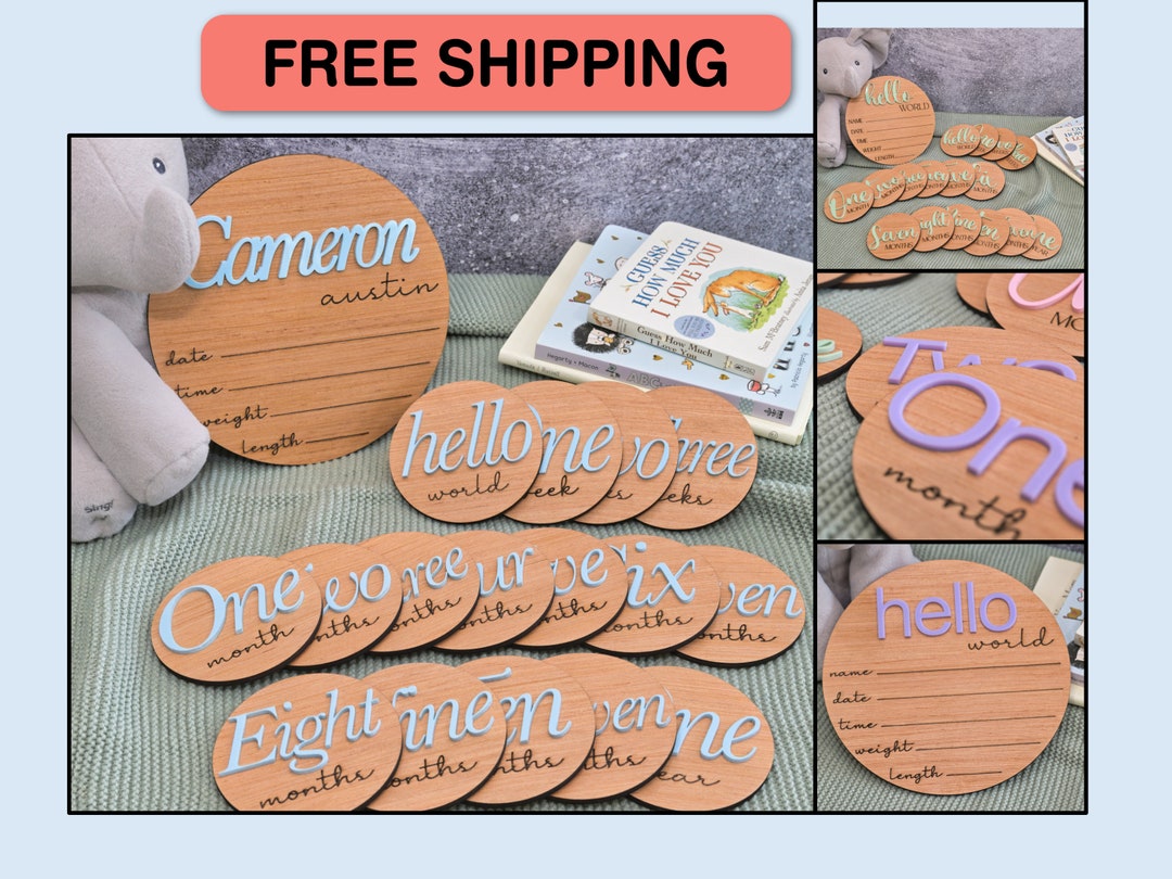 Personalized Name and Baby Announcement Wooden Milestone Discs Set Baby ...