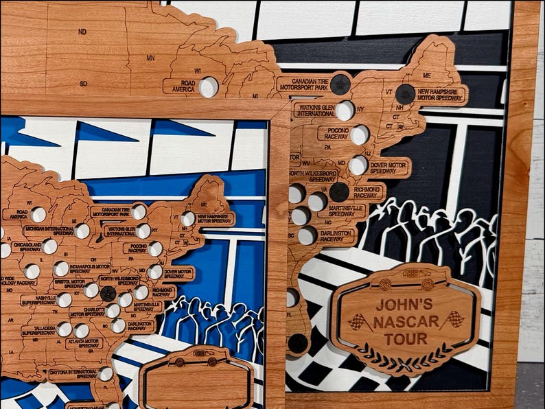 Custom NASCAR Track Travel Map – Handcrafted Wooden Racing Fan Display ...
