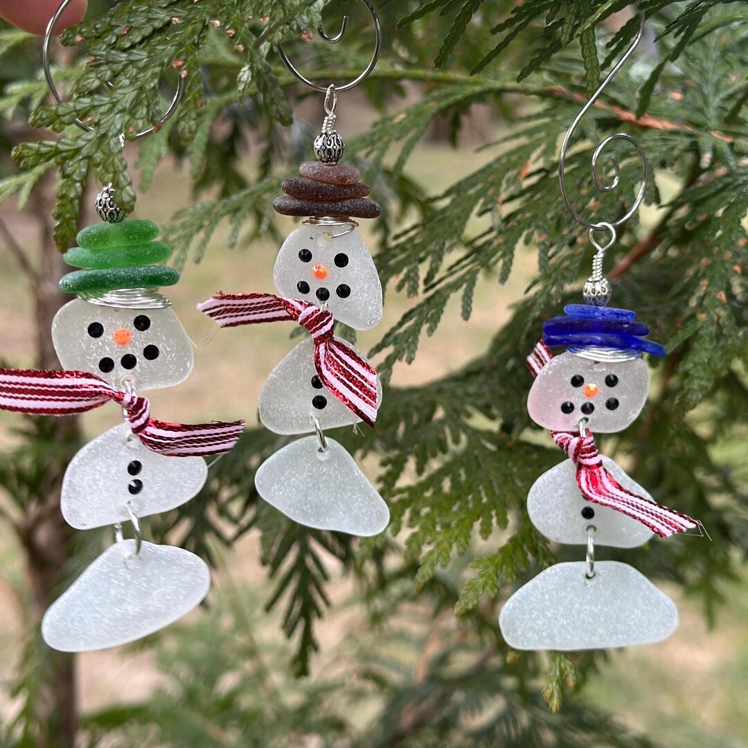 Set of 3 Sea Glass Snowmen Ornaments - Etsy
