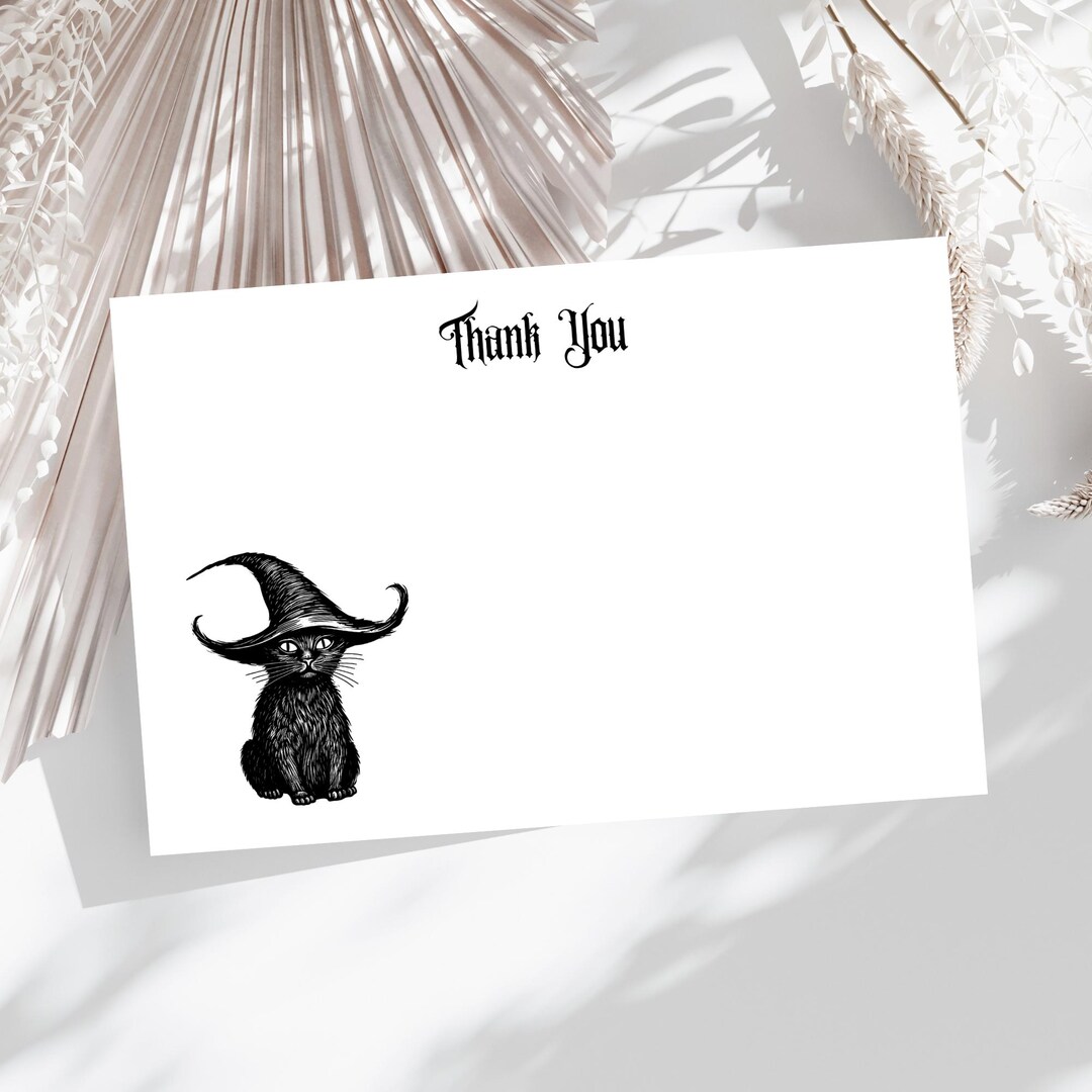 Printed Blank Spooky Thank You Card, Celestial Black Cat Flat Note Card ...