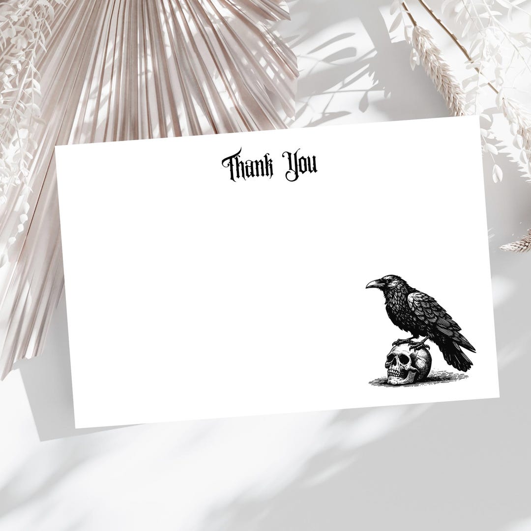 Printed Blank Thank You Card, Gothic Wedding Appreciation Notes, Raven ...