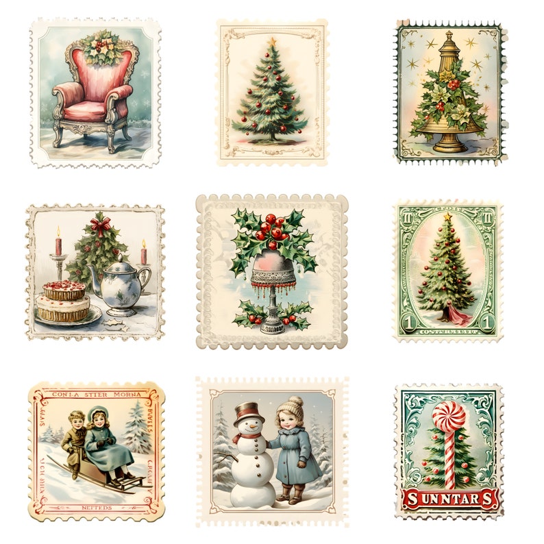 Vintage Christmas Postage Stamp Clipart, Victorian Christmas Clipart ...
