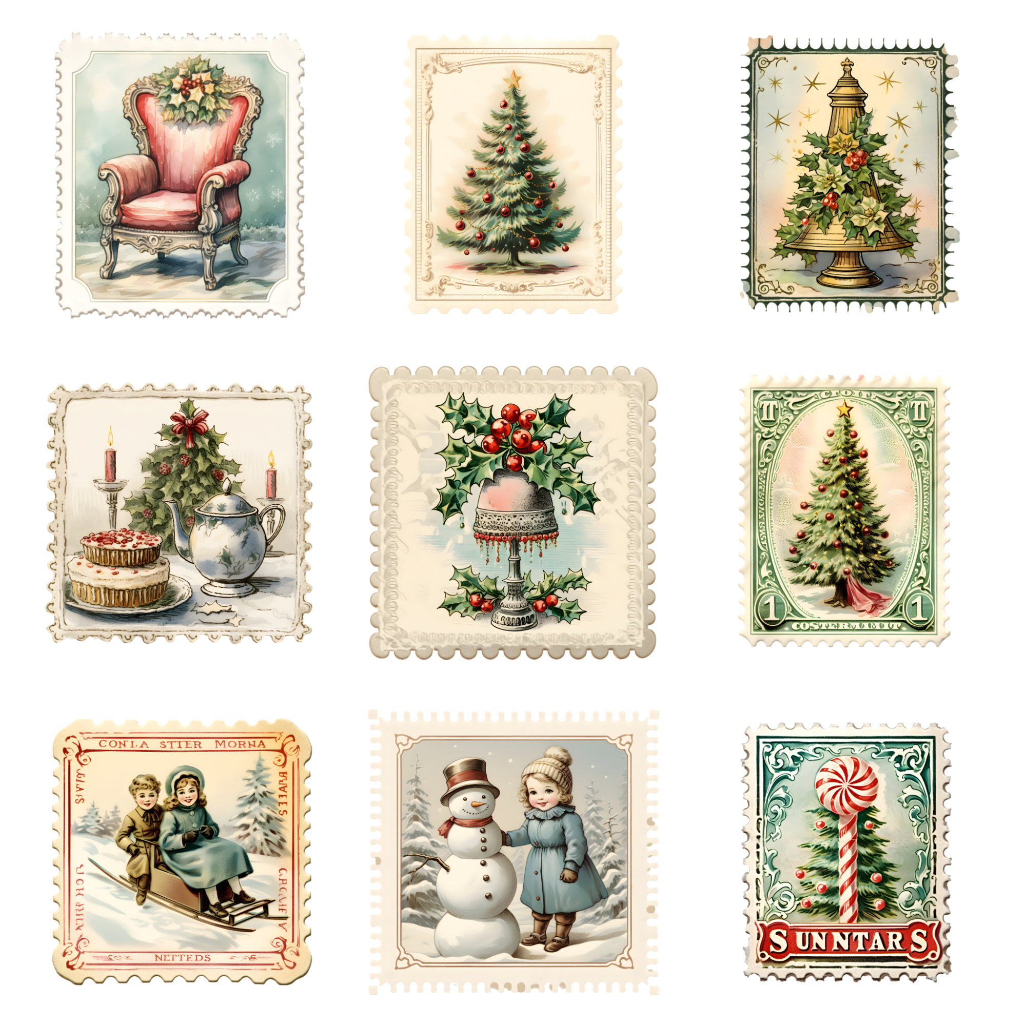 Vintage Christmas Postage Stamp Clipart, Victorian Christmas Clipart ...