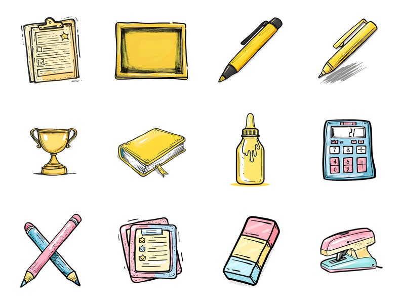 Watercolor Pastel School Doodle Clipart, Back to School Graphics ...