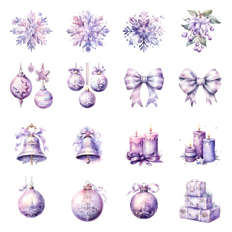 Pastel 'tis the Season Christmas Clipart Bundle, Purple Watercolor ...