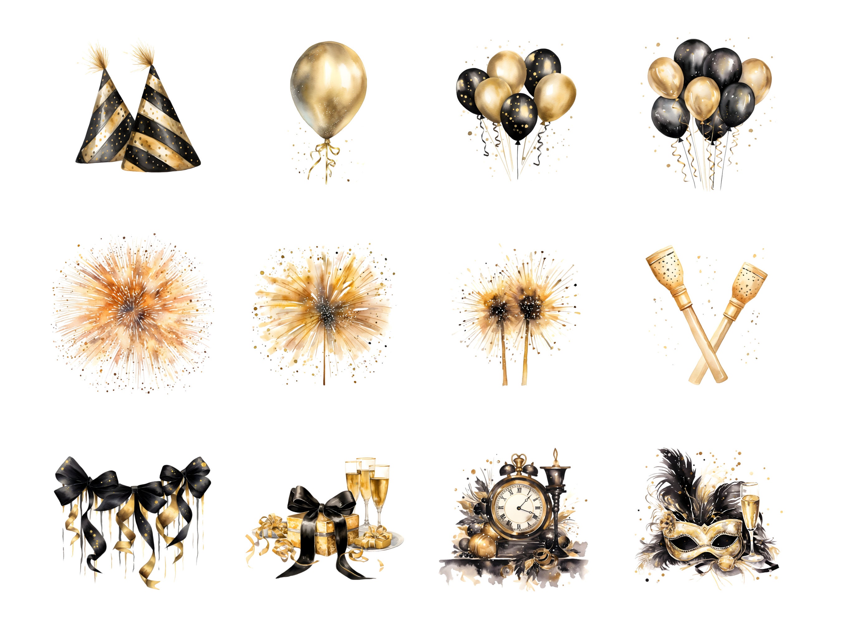 Watercolor New Year Clipart, Happy New Year Clipart, Black & Gold New ...