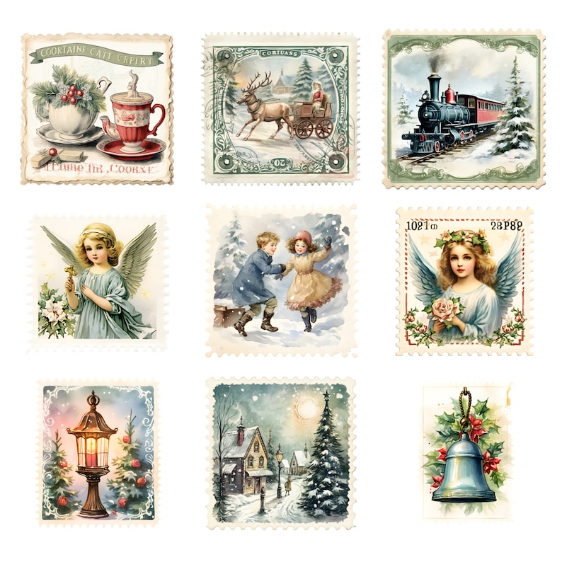 Vintage Christmas Postage Stamp Clipart, Victorian Christmas Clipart ...