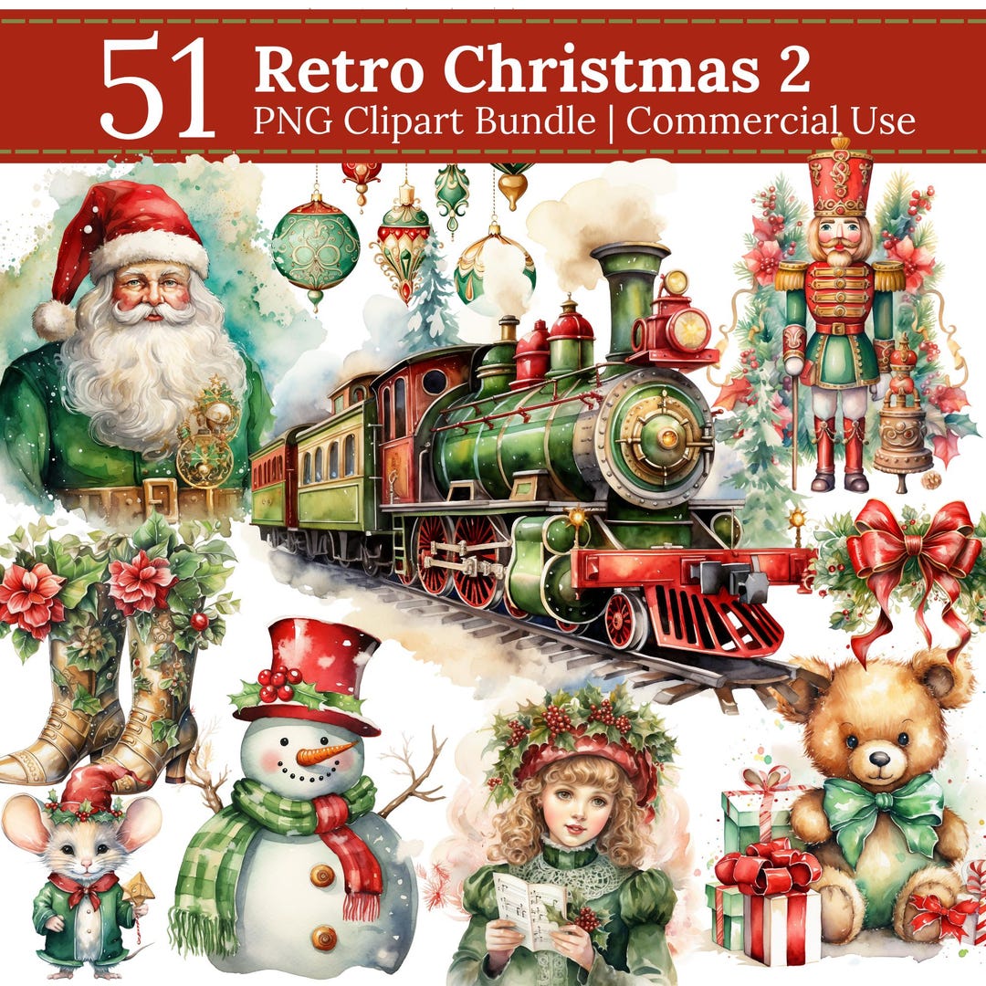 Watercolor Retro Christmas Clipart, Festive Snowman PNG, Vintage Santa ...