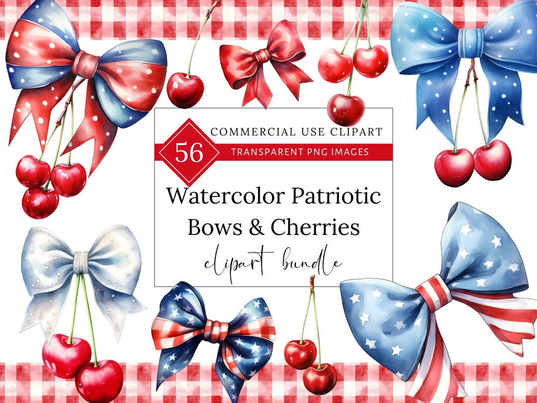 Watercolor Patriotic Bows and Cherries Clipart, Fourth of July, PNG ...