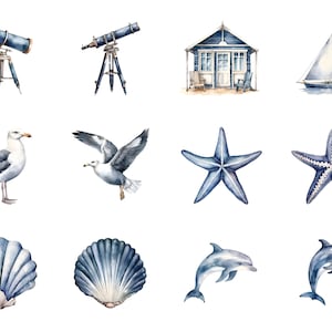 Watercolor Blue Nautical Collection Clipart, Sailor Graphics, Vintage ...