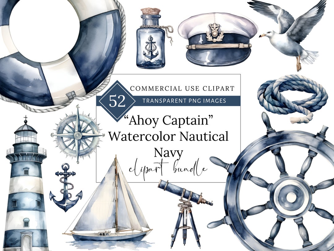 Watercolor Blue Nautical Collection Clipart, Sailor Graphics, Vintage ...