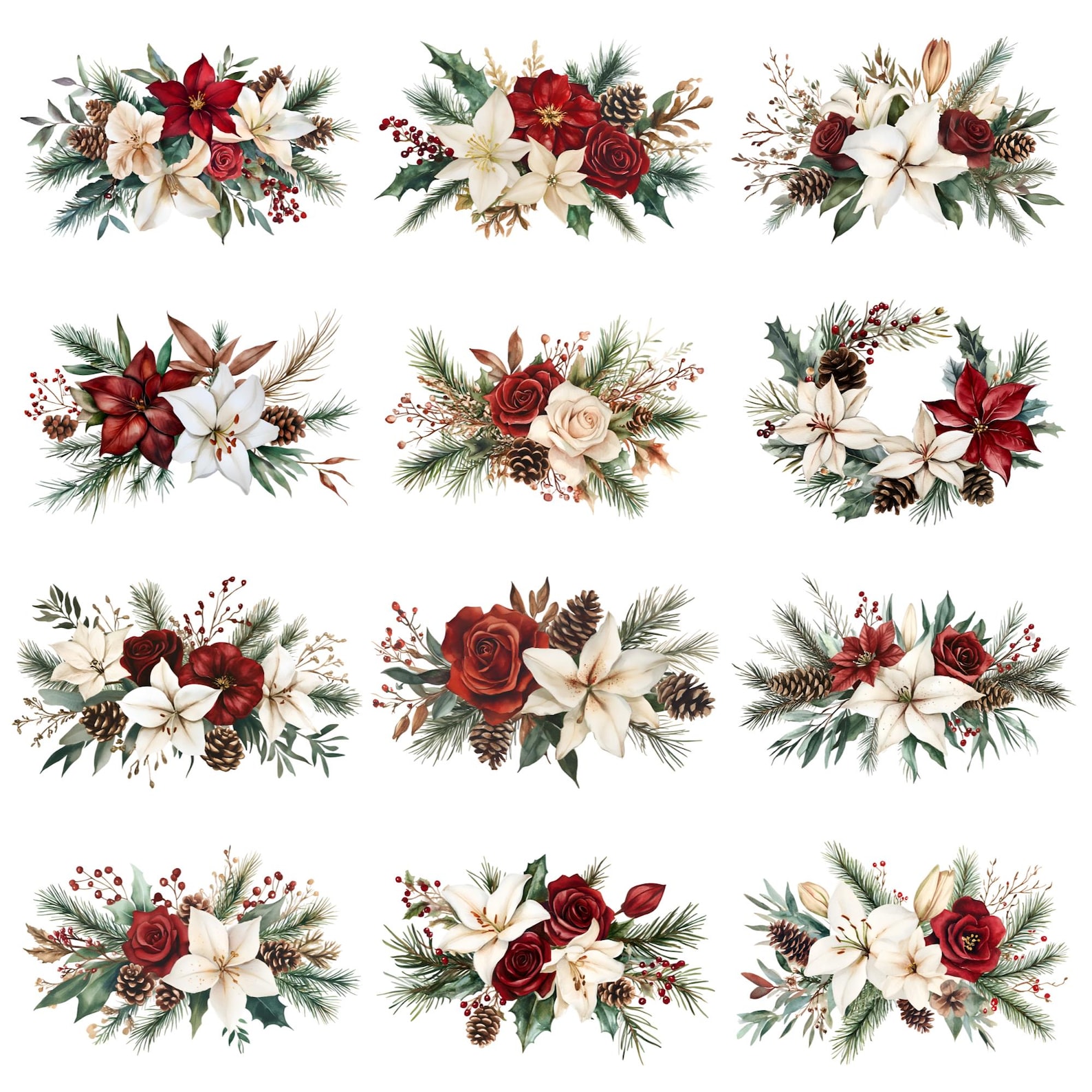 Watercolor Christmas Floral Clipart Bundle, Poinsettia & Lily Bouquet ...