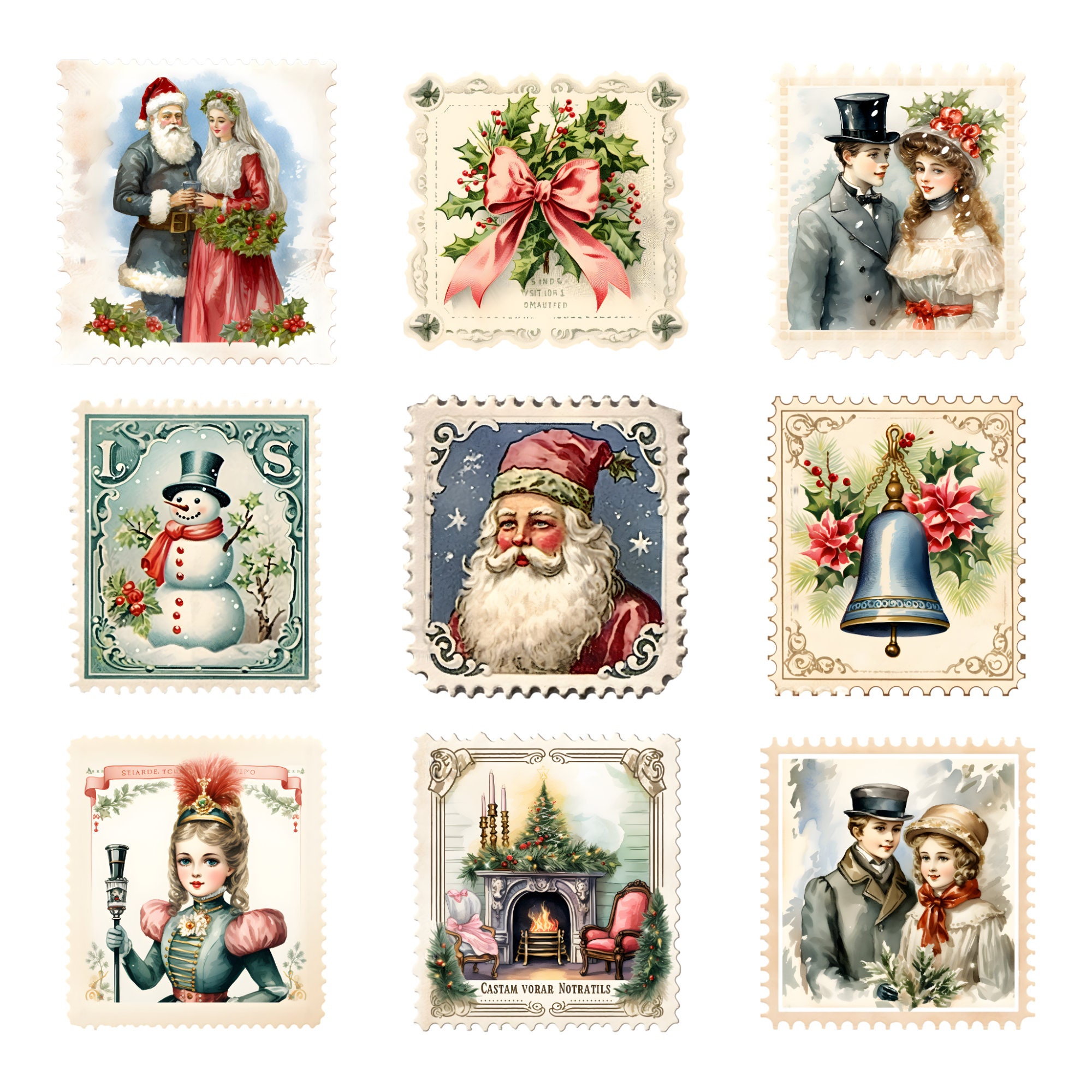 Vintage Christmas Postage Stamp Clipart, Victorian Christmas Clipart ...