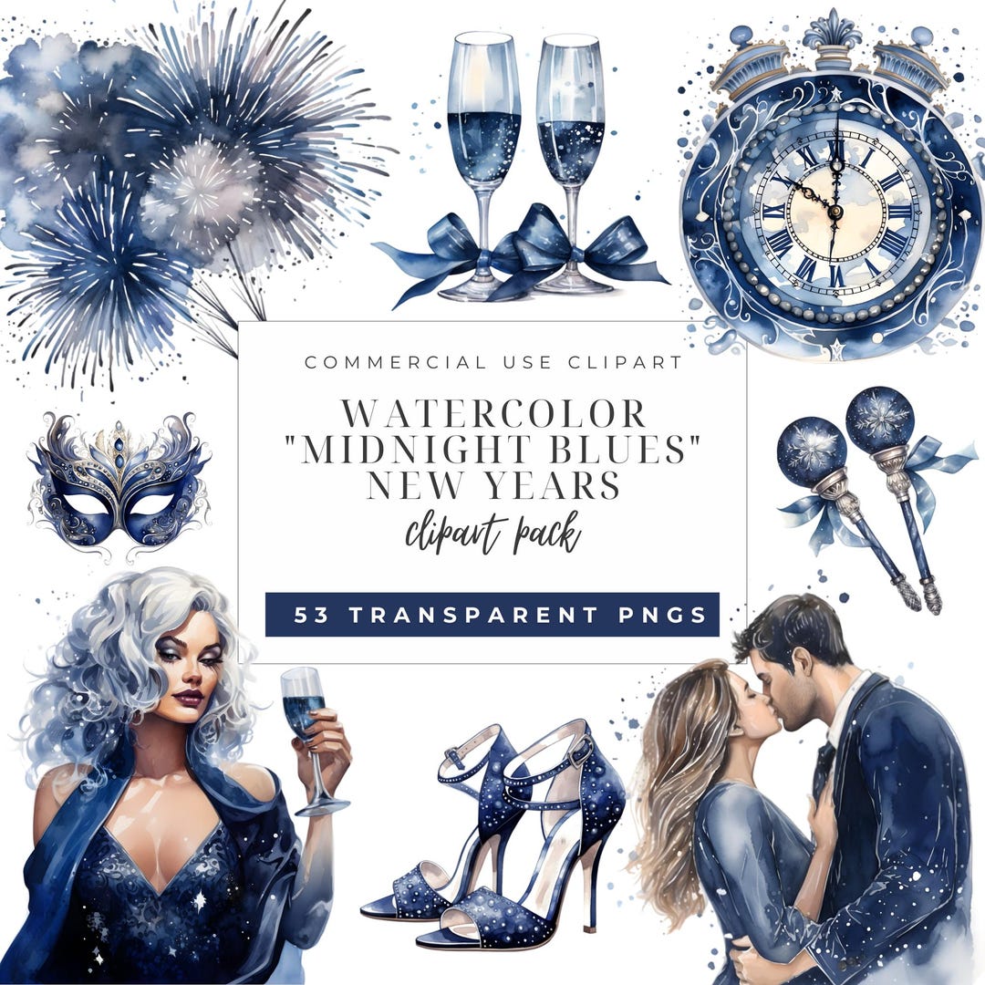 Blue & Silver New Year Watercolor Clipart | 53 PNG Celebration ...